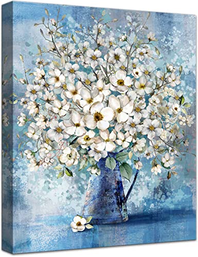 yiijeah Bathroom Wall Decor Canvas Prints Flower Art White and Blue Pictures for Bedroom Wall Decorations Framed for Office Guest Room Blue Kitchen Decor Size 17x13 Inch Bathroom Decor