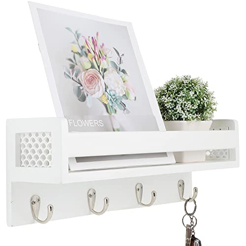 Satauko Coat Hooks Wall Mounted with Shelf, Entryway Hanging Shelf with 4 Metal Hooks, Wooden Floating Shelves for Kitchen Spice Rack Storage, White Wall Shelves Organizer for Bathroom, Bedroom.