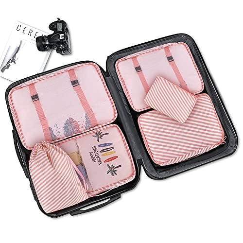 DIMJ Travel Packing Cubes, Luggage Packing Cubes Set with Sturdy Handle Luggage Cubes for Packing Lightweight Travel Clothes Organizer with Makeup Bag, 8 Pack (Pink Stripe)