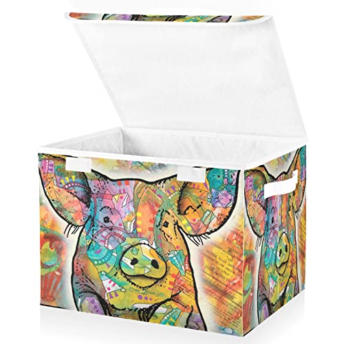 Piggy Storage Bins with Lids and Handles 17x13x12 In Foldable Fabric Storage Basket Toys Clothes Organizer for Shelves Closet Home Bedroom Office