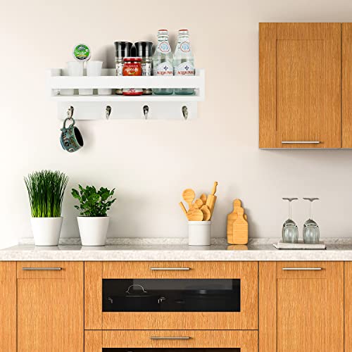 Satauko Coat Hooks Wall Mounted with Shelf, Entryway Hanging Shelf with 4 Metal Hooks, Wooden Floating Shelves for Kitchen Spice Rack Storage, White Wall Shelves Organizer for Bathroom, Bedroom.
