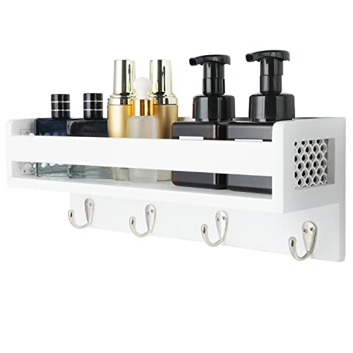 Satauko Coat Hooks Wall Mounted with Shelf, Entryway Hanging Shelf with 4 Metal Hooks, Wooden Floating Shelves for Kitchen Spice Rack Storage, White Wall Shelves Organizer for Bathroom, Bedroom.