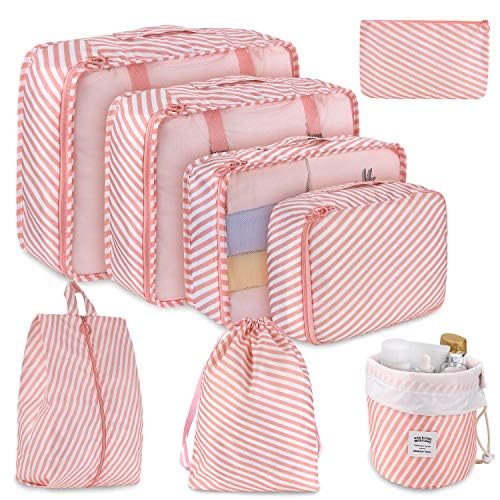 DIMJ Travel Packing Cubes, Luggage Packing Cubes Set with Sturdy Handle Luggage Cubes for Packing Lightweight Travel Clothes Organizer with Makeup Bag, 8 Pack (Pink Stripe)