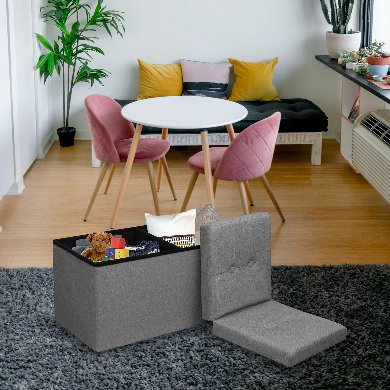 CAROLMADE 30 Inches Storage Ottoman Bench with Flipping Lid, Linen Foldable Storage Footrest, Ottoman with Storage for Living Room Holds up to 330lbs, Light Grey