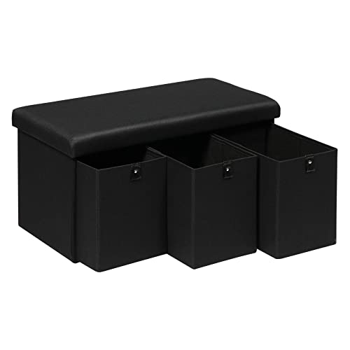 PINPLUS Storage Ottoman Bench with Drawers, 30inches Black Linen Fabric Folding Storage Chest Padded Seat Modern Dressing Stool, Footrest Shoe Bench for Bedroom Bathroom Living Room Entryway Offices