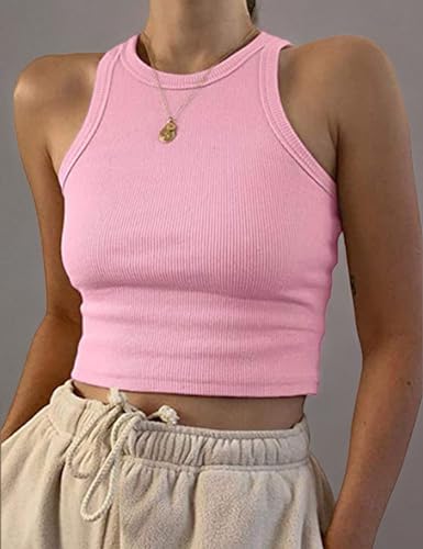 MISSACTIVER Women Basic Sleeveless Vest Crop Tank Top Casual Crew Neck Binding Crop Top (Small, Pink)