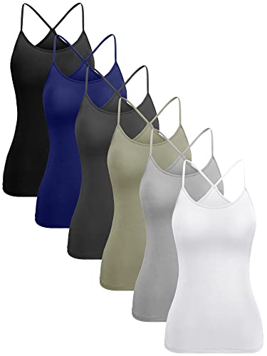 Geyoga 6 Pcs Women Camisoles Y Back Basic Cami Spaghetti Strap Tank Tops Workout Clothes for Girls Stretch Yoga Undershirt (L)