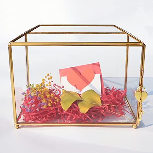 QLQSIMON 10.2'' Handmade Gold Geometric Terrarium - Glass Wedding Card Box with Slot and Lock- Large Clear Display Box for Wedding Reception, Wishwell, Keepsake