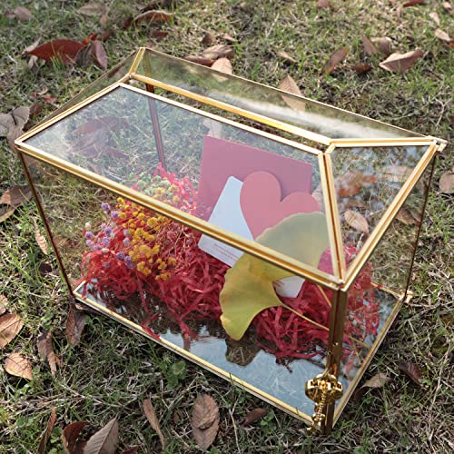 QLQSIMON 10.2'' Handmade Gold Geometric Terrarium - Glass Wedding Card Box with Slot and Lock- Large Clear Display Box for Wedding Reception, Wishwell, Keepsake
