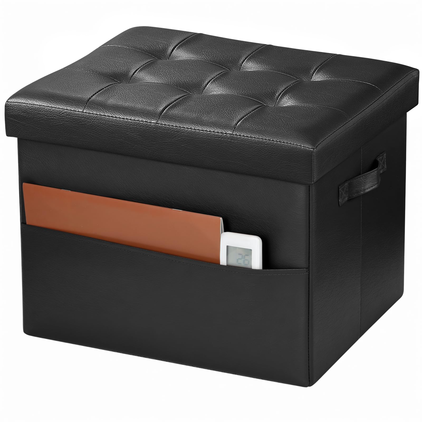 Bsketa Storage Ottoman Foot Rest Stool, Small Leather Storage Ottomans Bench, Folding Foot Stool with Handles Lid, Foot Rest Under Desk for Living Room Bedroom, 17x13x13 in, Black