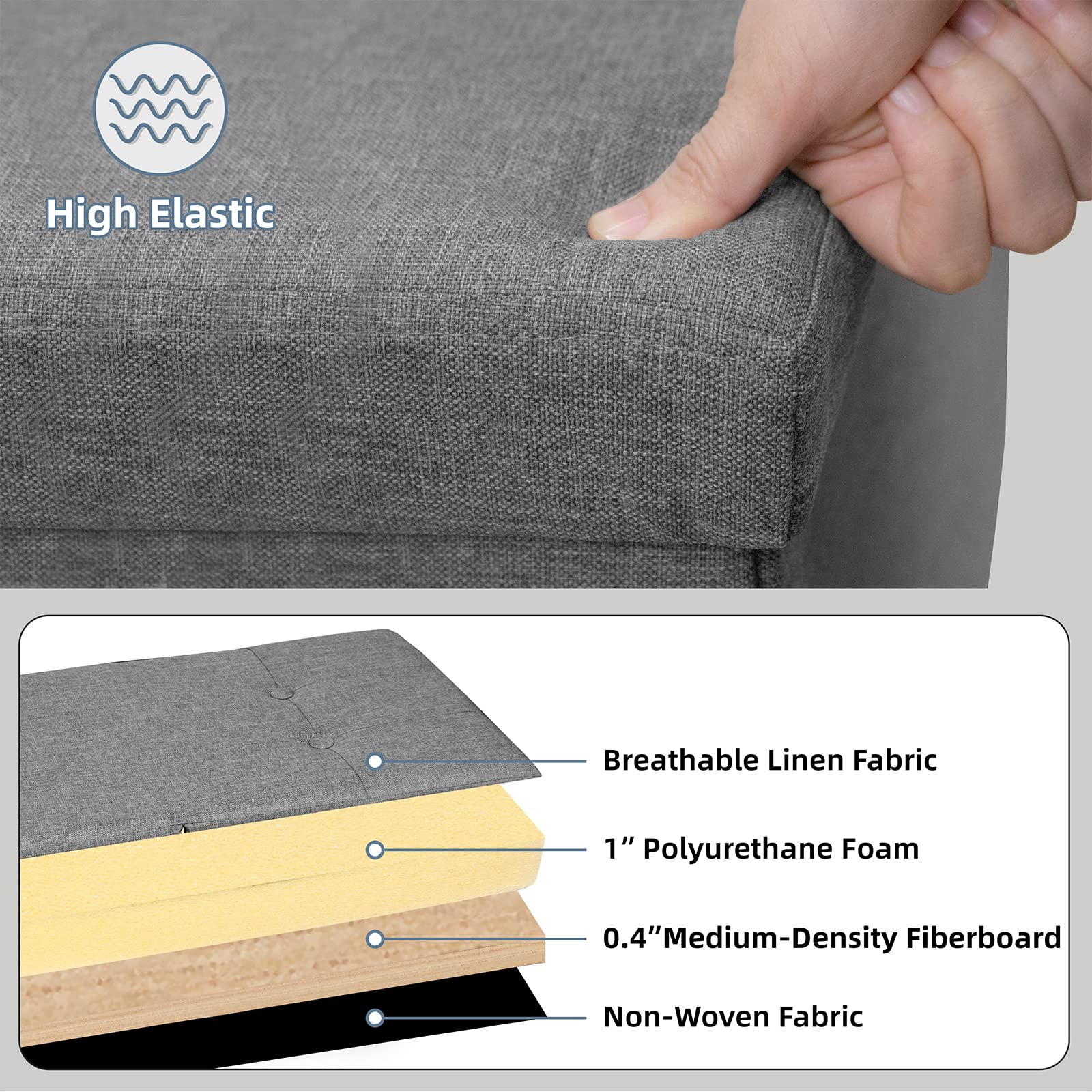 CAROLMADE 30 Inches Storage Ottoman Bench with Flipping Lid, Linen Foldable Storage Footrest, Ottoman with Storage for Living Room Holds up to 330lbs, Light Grey