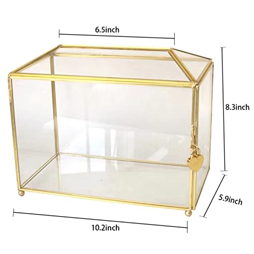 QLQSIMON 10.2'' Handmade Gold Geometric Terrarium - Glass Wedding Card Box with Slot and Lock- Large Clear Display Box for Wedding Reception, Wishwell, Keepsake