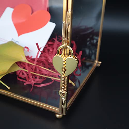 QLQSIMON 10.2'' Handmade Gold Geometric Terrarium - Glass Wedding Card Box with Slot and Lock- Large Clear Display Box for Wedding Reception, Wishwell, Keepsake