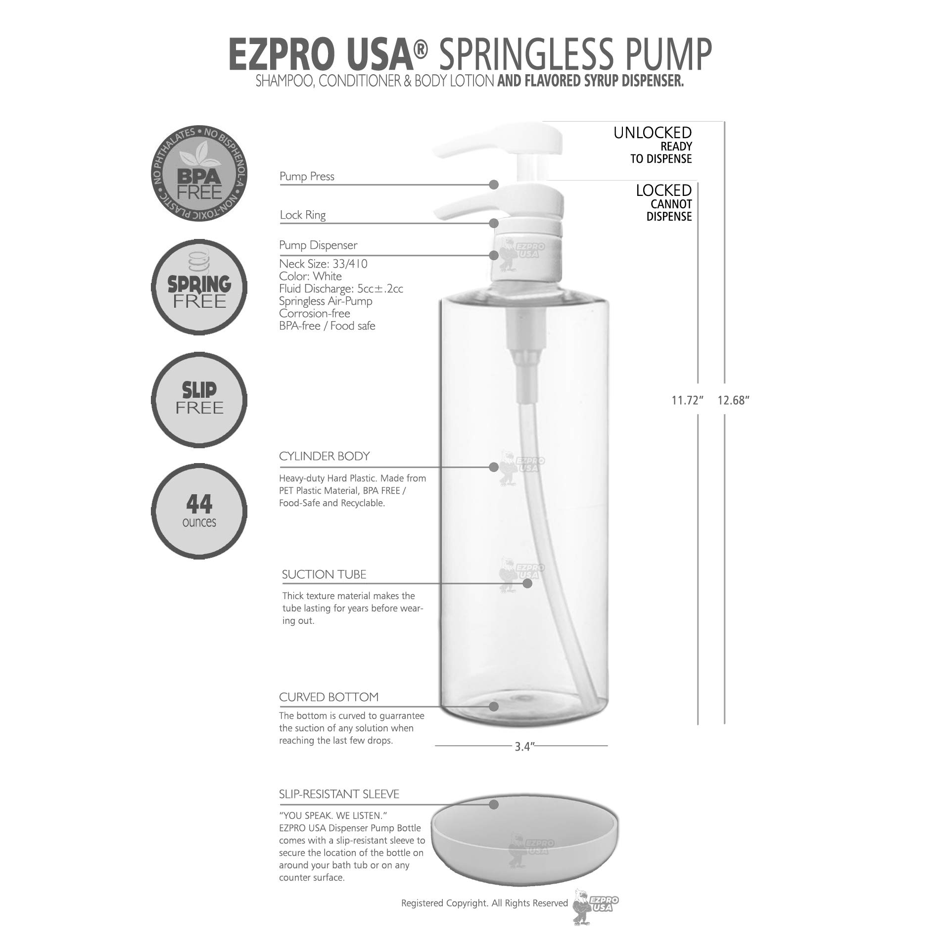EZProUSA Shampoo Conditioner Dispenser Pumps for 32mm Neck 1 Liter (32 oz Shampoo Bottles), Metal Free Rust Free Air Pumps, Pump for Shampoo Bottle, White