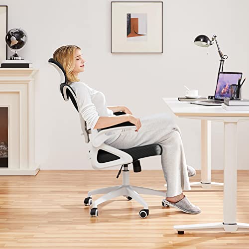 Yaheetech Ergonomic Mesh Office Chair, High Back Desk Chair with with flip-up Armrests, Adjustable Padded Headrest Computer Chair with Lumbar Support for Home Oiffce Game Room, White/Black