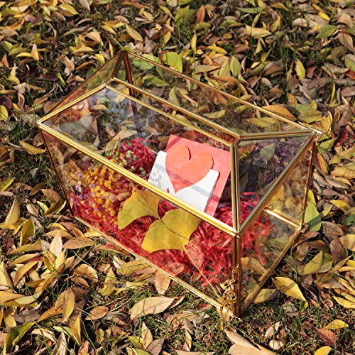 QLQSIMON 10.2'' Handmade Gold Geometric Terrarium - Glass Wedding Card Box with Slot and Lock- Large Clear Display Box for Wedding Reception, Wishwell, Keepsake
