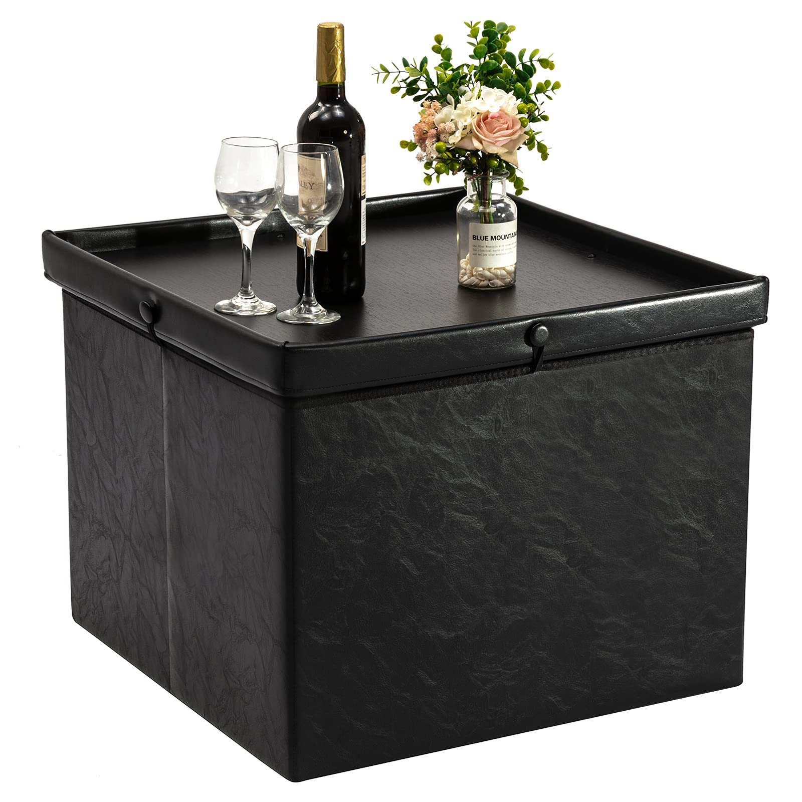 UHSTORAGE Large Square Storage Ottoman Coffee Table with Tray, Faux Leather Storage Ottoman for Living Room Comfortable Footstool with Resilient Sponge Padded Seat, Black