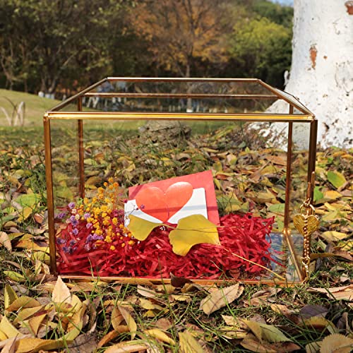 QLQSIMON 10.2'' Handmade Gold Geometric Terrarium - Glass Wedding Card Box with Slot and Lock- Large Clear Display Box for Wedding Reception, Wishwell, Keepsake