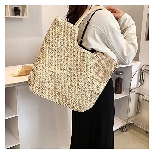 n/a Summer Large Capacity Shoulder Bag Beach Bags Woven Handle Bag Casual Lady Shopping Handbag Clutch (Color : Black, Size : 39cm)