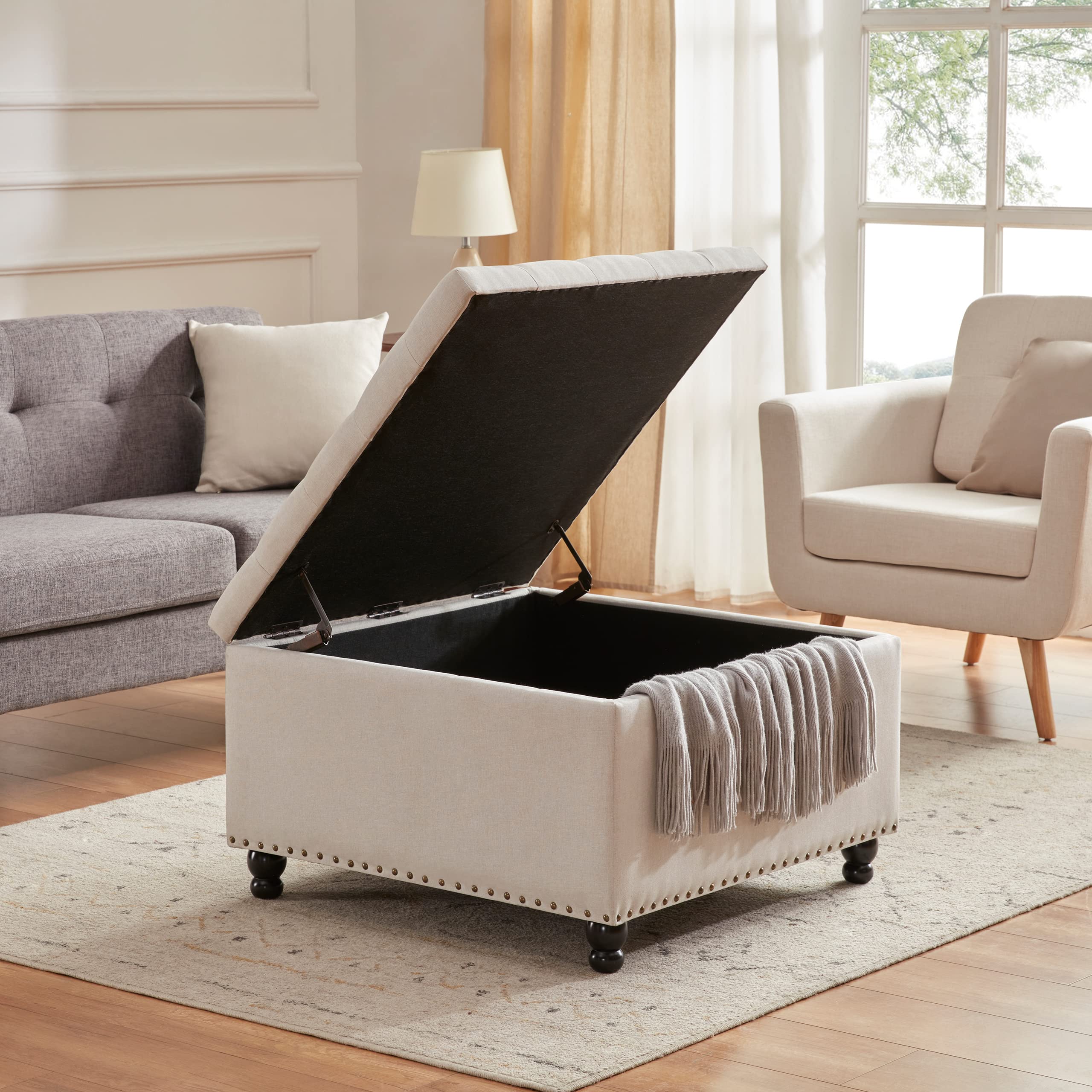 Tbfit Large Square Tufted Upholstered Ottoman Bench and Coffee Table with Storage, Oversized Footrest for Living Room, Beige