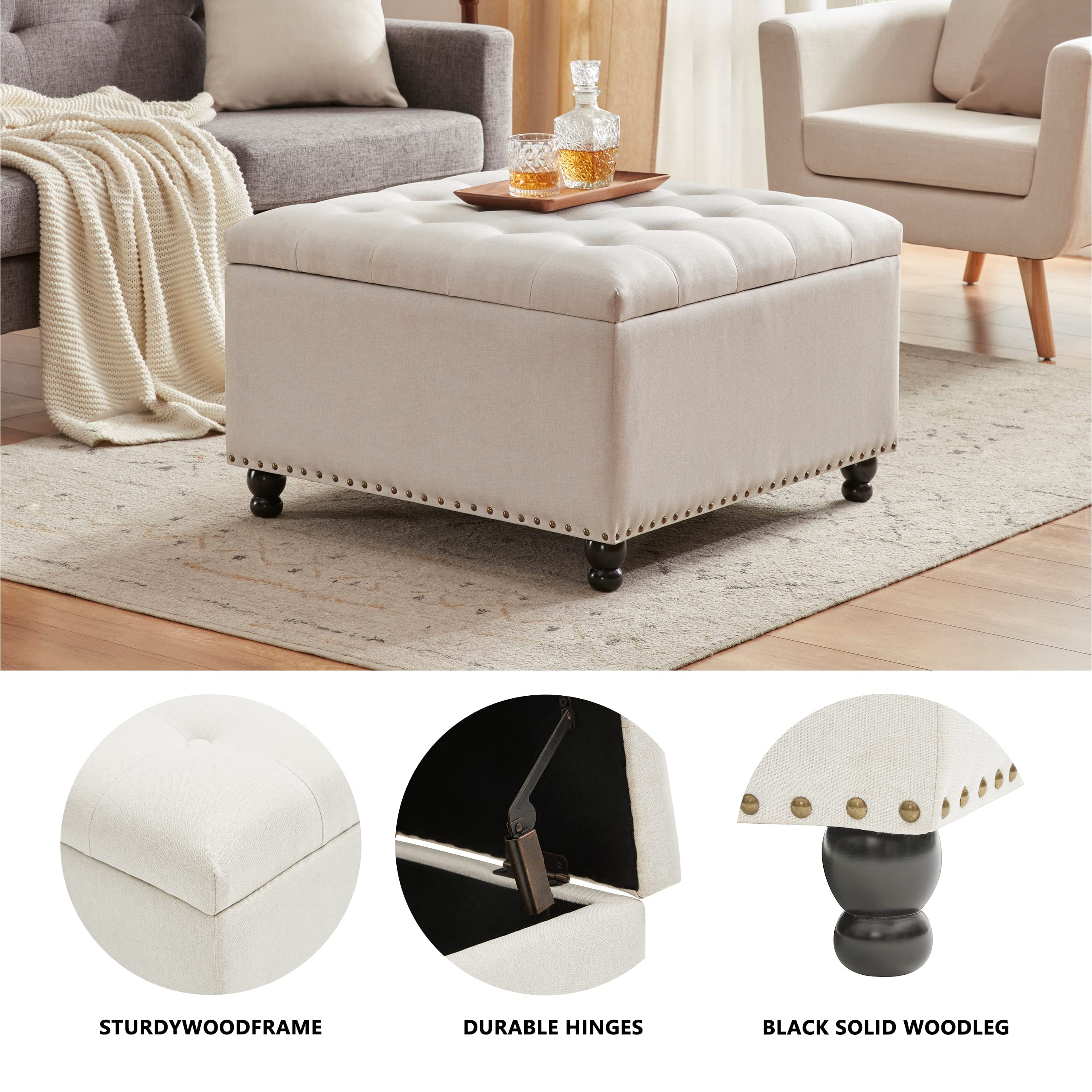Tbfit Large Square Tufted Upholstered Ottoman Bench and Coffee Table with Storage, Oversized Footrest for Living Room, Beige