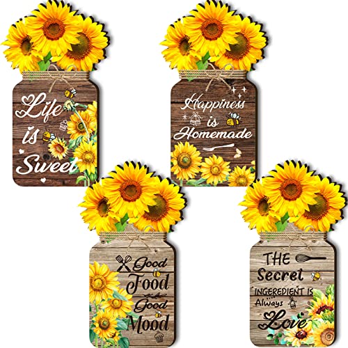 4 Pcs Sunflower Kitchen Wall Decor Mason Jar Set Wooden Sunflower Rustic Home Decor Inspirational Kitchen Decor Farmhouse Kitchen Signs Wall Decor Hanging Mason Jar Wall Decor for Home Decor (Brown)