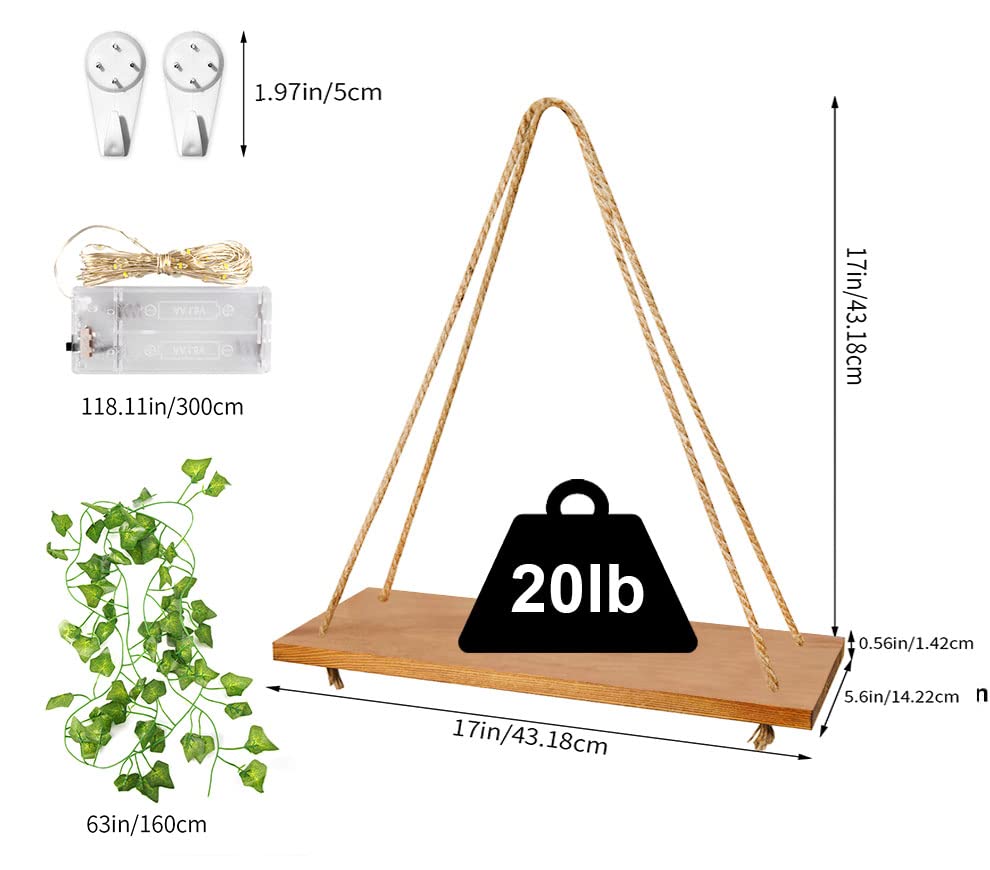 CLQ Artificial Ivy LED-Strip Wall Hanging Shelves, Hanging Plant Shelf, Macrame Wall Hanging Shelf for Bedroom Bathroom Living Room Kitchen, Wood Hanging Plant Shelves for Wall Decor