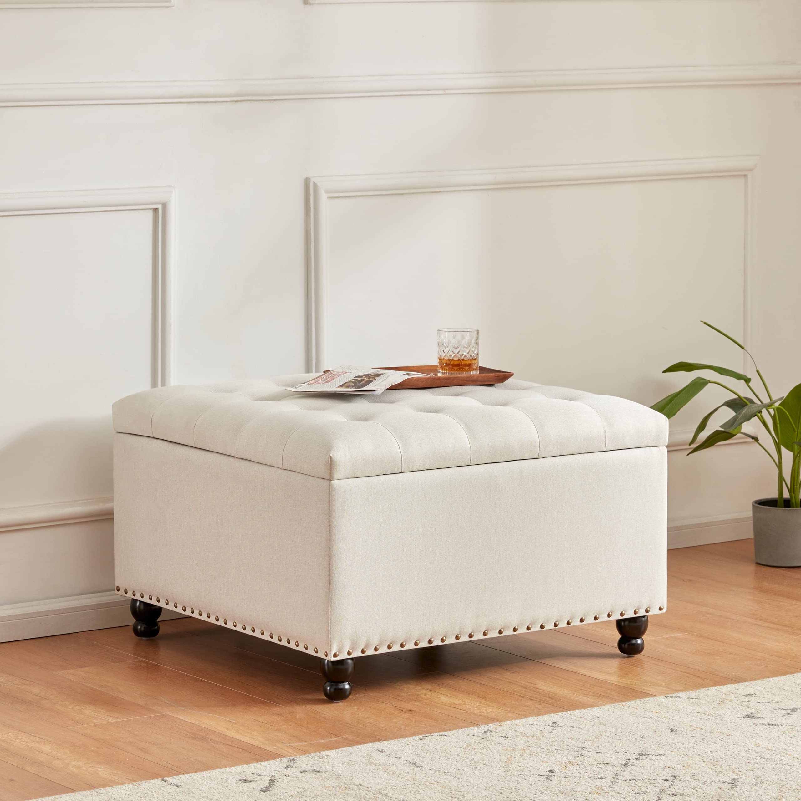 Tbfit Large Square Tufted Upholstered Ottoman Bench and Coffee Table with Storage, Oversized Footrest for Living Room, Beige