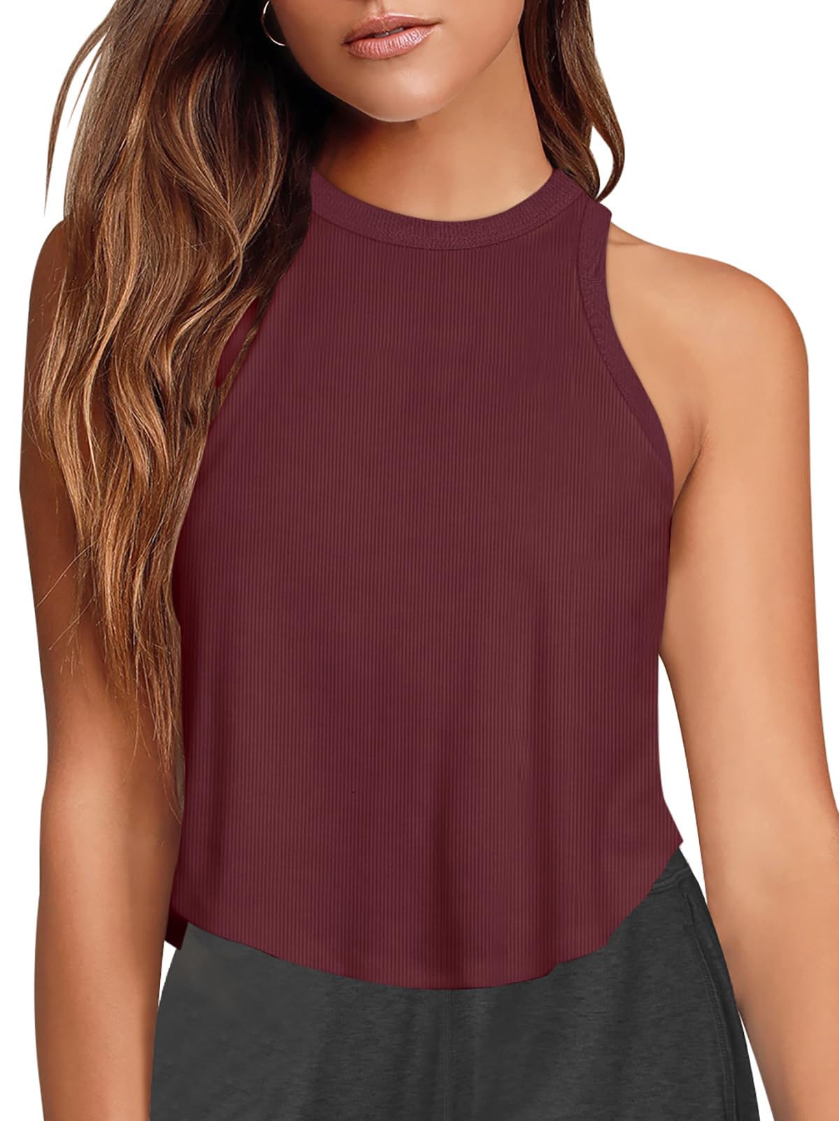 Womens Cute Sleeveless Workout Tops High Neck Muscle Tank Summer Casual Racer Back Cropped Athletic Yoga Tank Tops Exercise Running Shirts Going Out Tops Activewear(Burgundy Small)