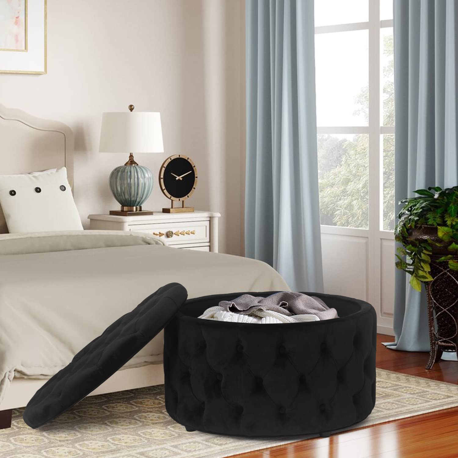 Homebeez 28 Inch Round Velvet Storage Ottoman, Button Tufted Footrest Stool Coffee Table for Living Room, Black