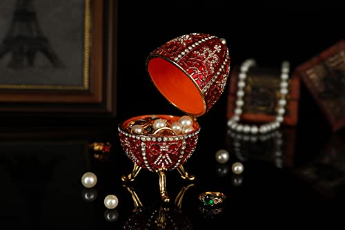 QIFU Vintage Red Faberge Egg Style Enameled Trinket Box Hinged, Unique Gift for Family(QF5825)