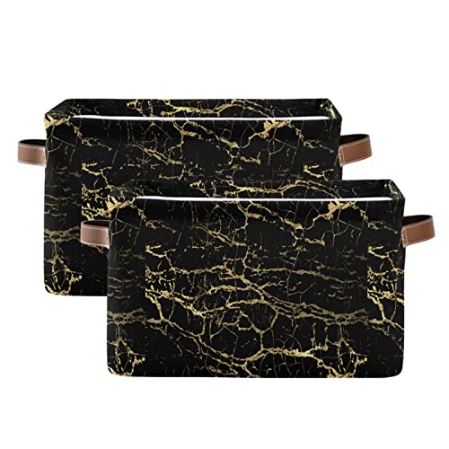 ALAZA Black Gold Marble Foldable Storage Box Storage Basket Organizer Bins with Handles for Shelf Closet Living Room Bedroom Home Office 2 Pack