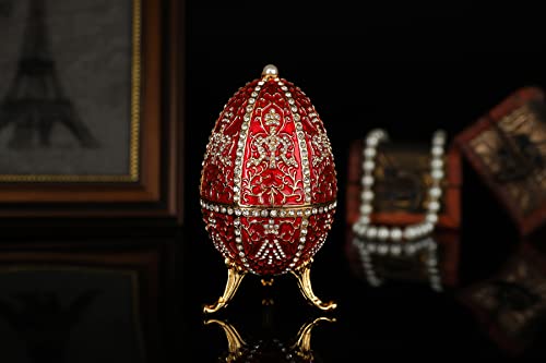 QIFU Vintage Red Faberge Egg Style Enameled Trinket Box Hinged, Unique Gift for Family(QF5825)