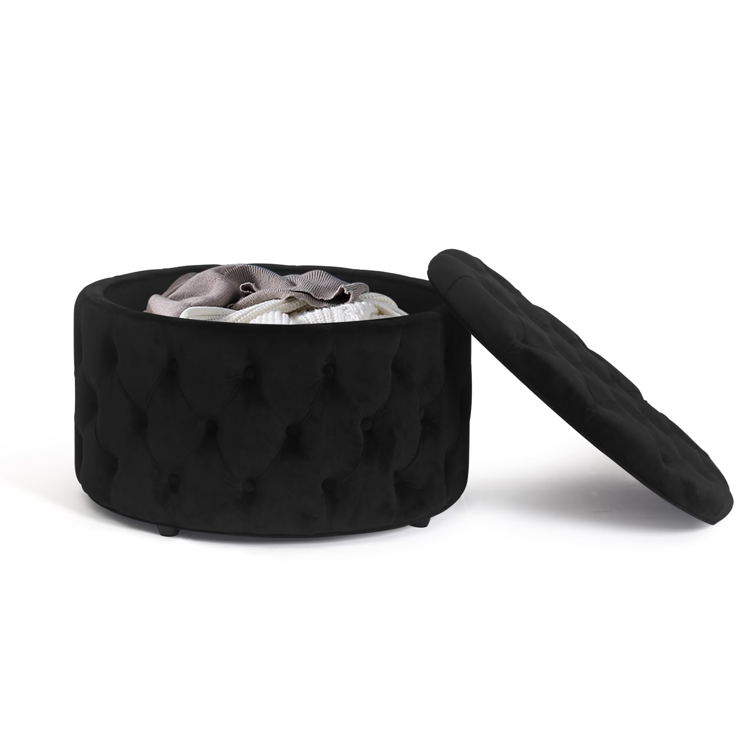 Homebeez 28 Inch Round Velvet Storage Ottoman, Button Tufted Footrest Stool Coffee Table for Living Room, Black