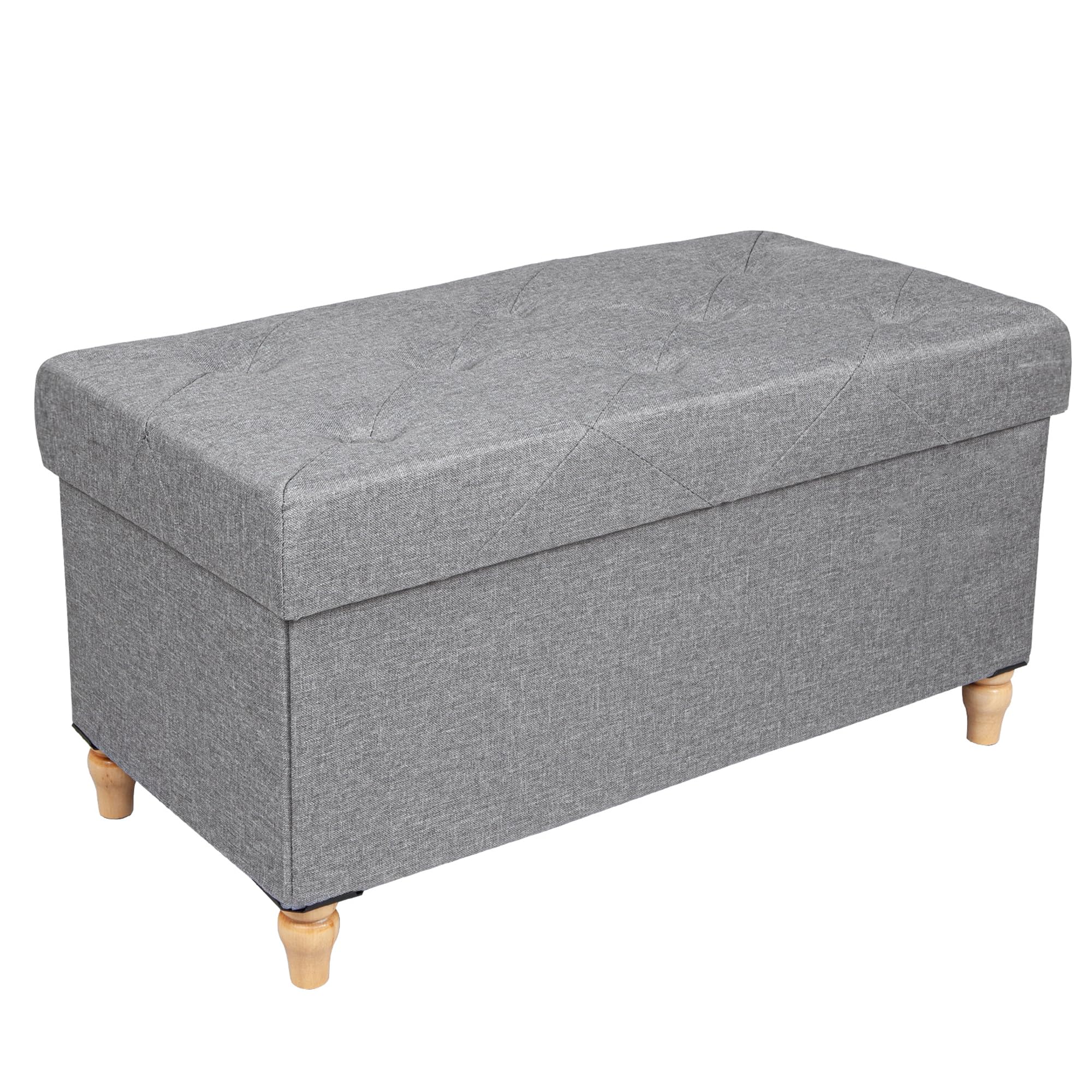 GLAXYFUR Storage Ottoman with Wooden Legs, Folding Storage Bench for Living Room, 30" Linen Fabric Ottoman Foot Rest Stool (Linen, Light Grey)