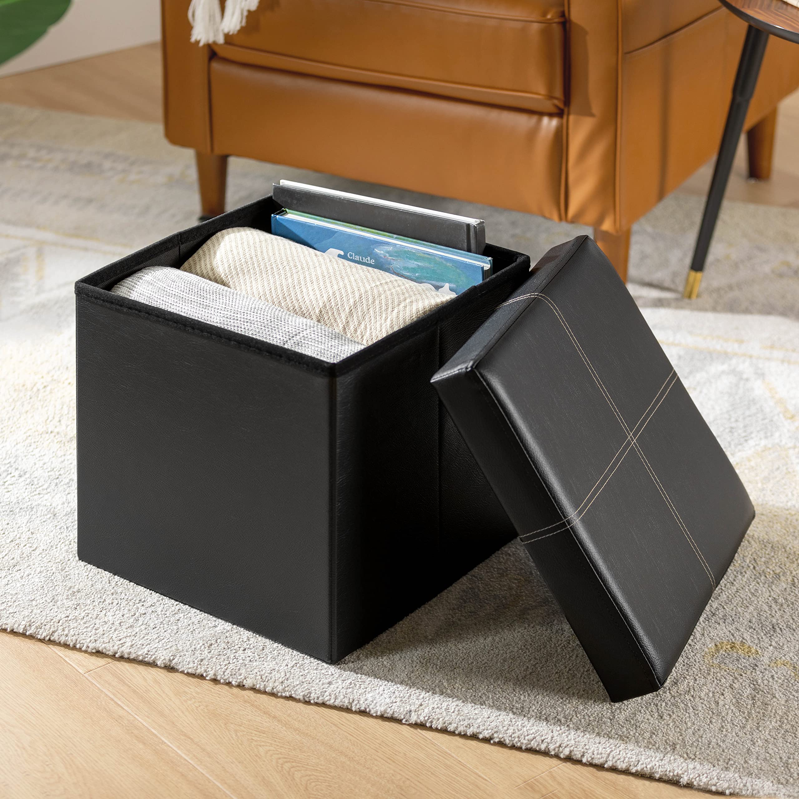 Otto & Ben Folding Box Chest with Memory Foam Seat Faux Leather Small Ottomans Bench Foot Rest Stool, 15 Inch, Black
