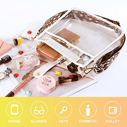 BOBOKA Clear CrossBody Bag with Leopard Guitar Strap Clear Bag Stadium Approved Shoulder See Through Handbag Purse for Women
