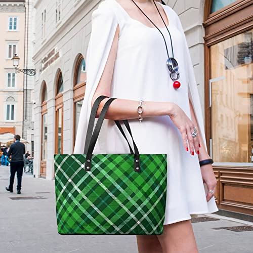 Womens Handbag Plaid Pattern Green Leather Tote Bag Top Handle Satchel Bags For Lady