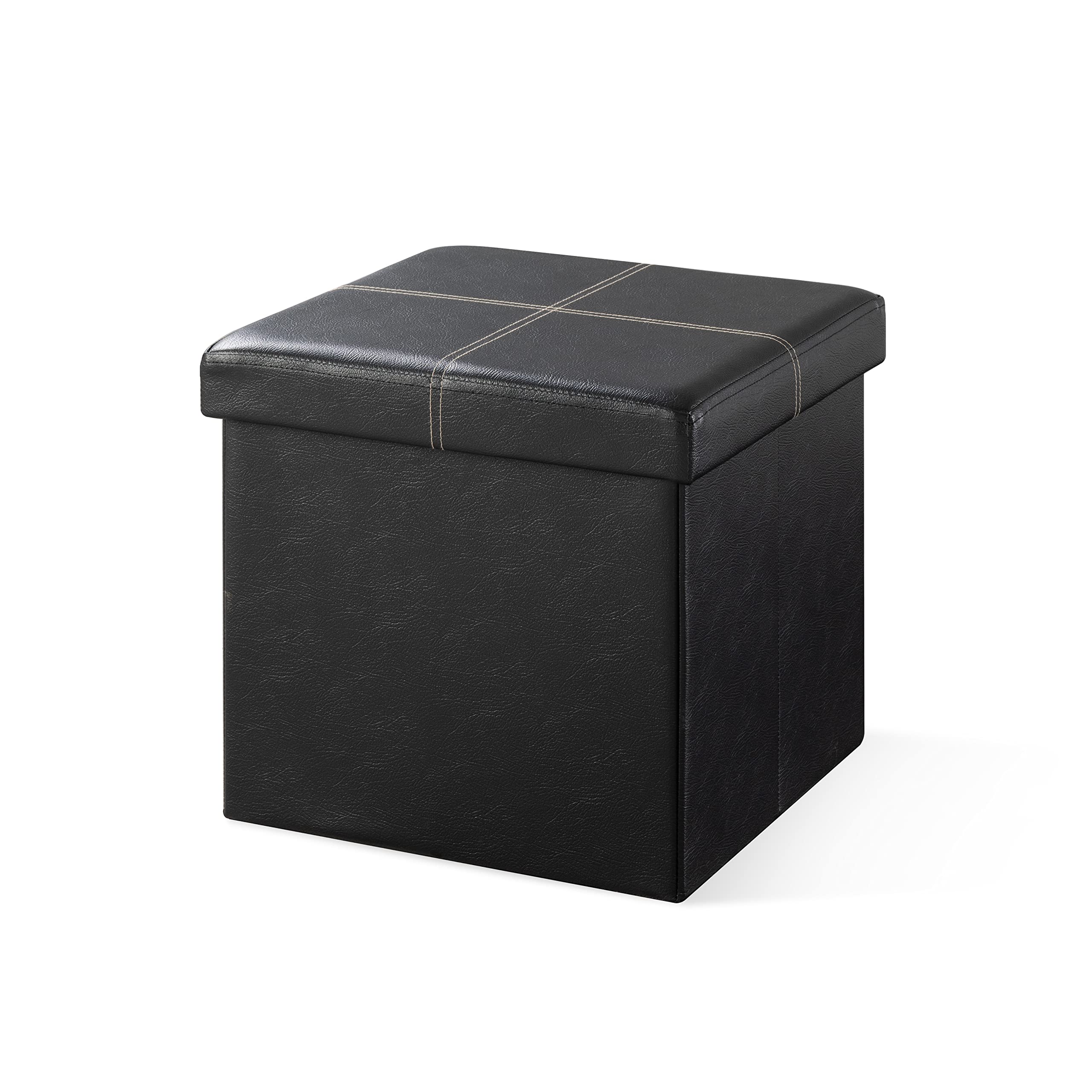 Otto & Ben Folding Box Chest with Memory Foam Seat Faux Leather Small Ottomans Bench Foot Rest Stool, 15 Inch, Black