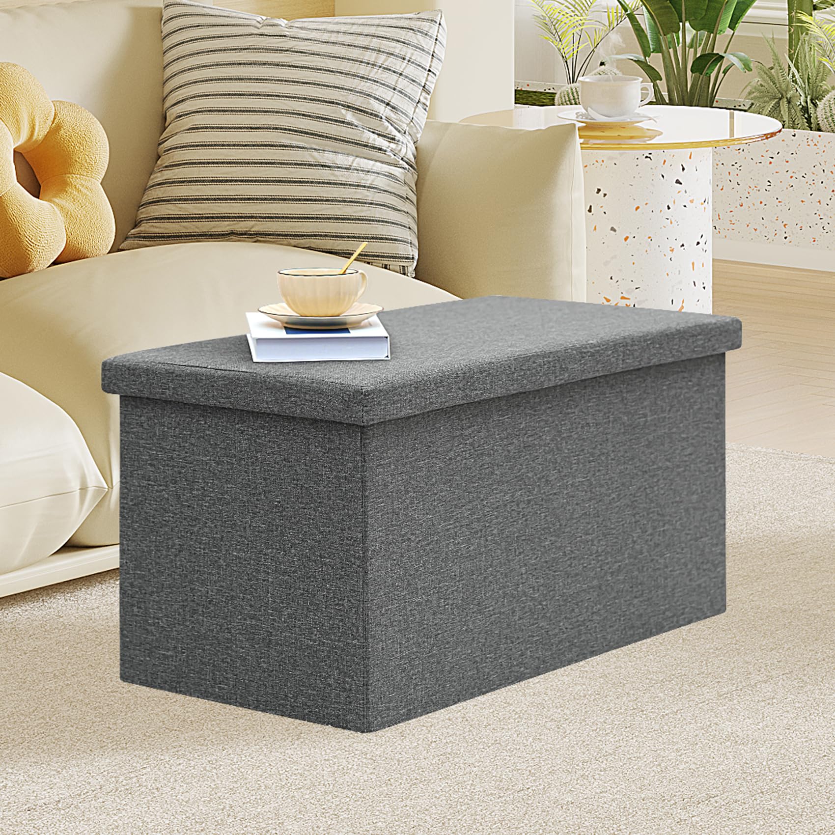 PINPLUS Folding Storage Ottoman Bench, Grey Storage Ottoman with Lid Tray, 30 inches Ottoman Coffee Table Cube Chair Foot Rest Stool Storage Toy Chest for Living Room Bedroom, Holds up to 550 lb