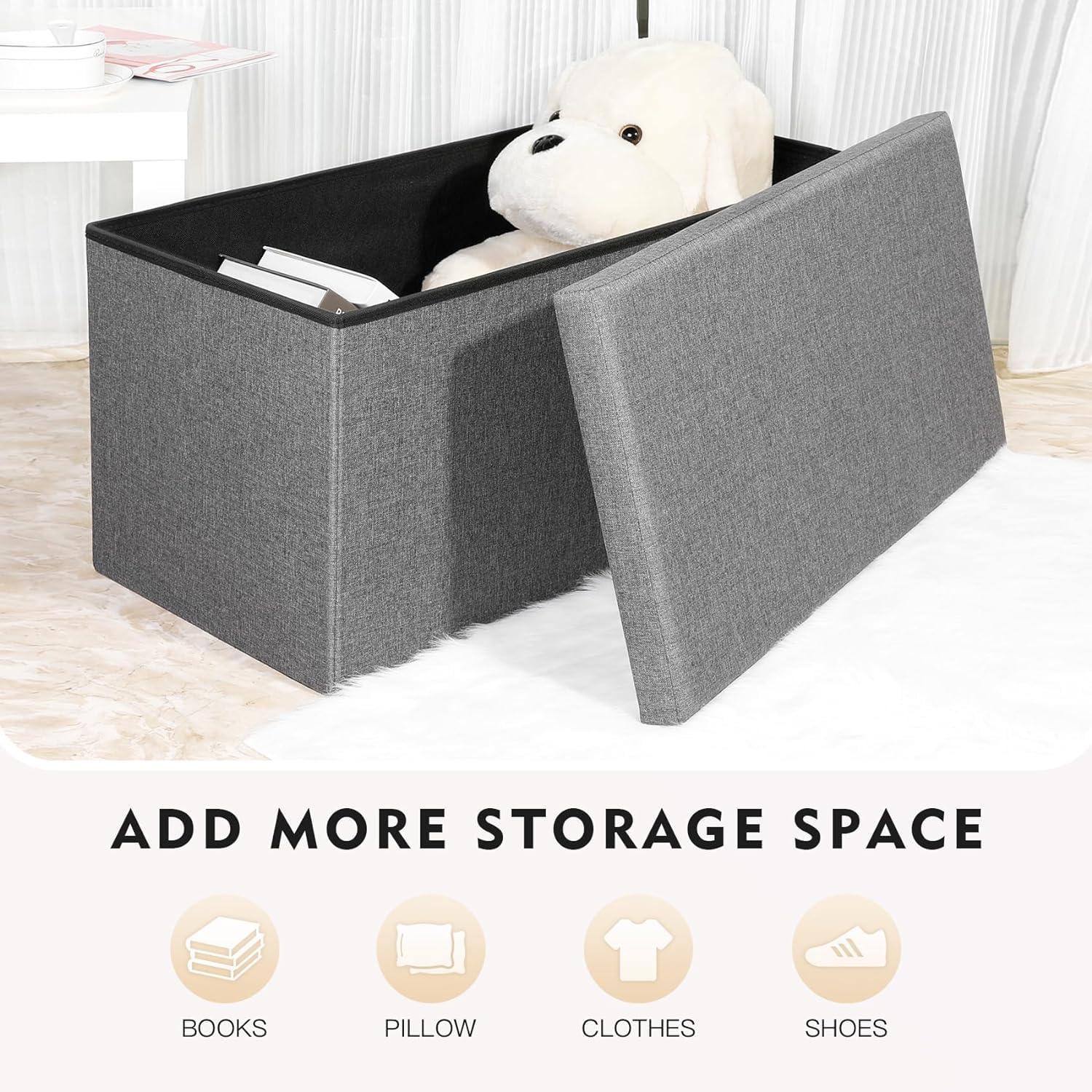 PINPLUS Folding Storage Ottoman Bench, Grey Storage Ottoman with Lid Tray, 30 inches Ottoman Coffee Table Cube Chair Foot Rest Stool Storage Toy Chest for Living Room Bedroom, Holds up to 550 lb