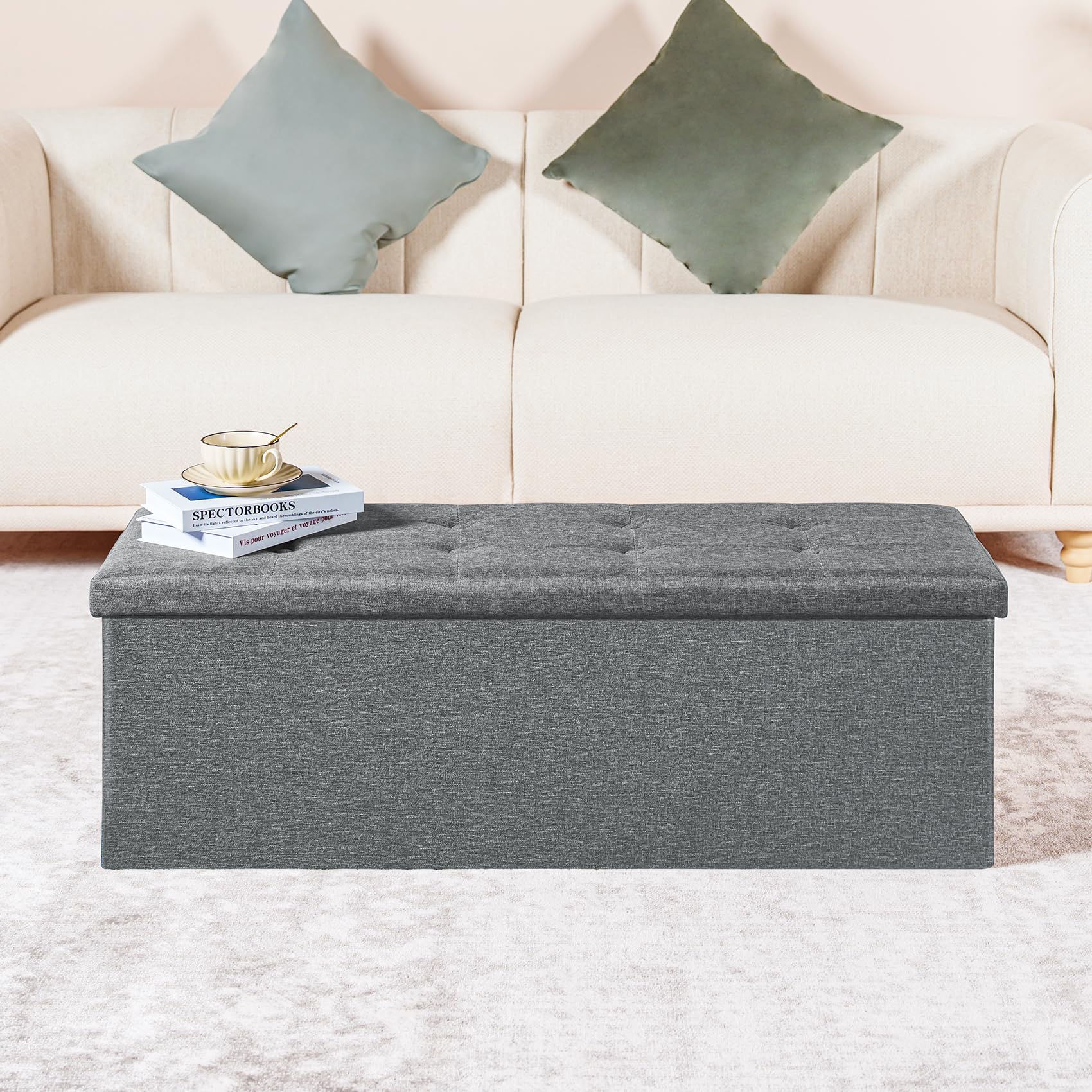 PINPLUS Folding Storage Ottoman Bench, Grey Storage Ottoman with Lid Tray, 30 inches Ottoman Coffee Table Cube Chair Foot Rest Stool Storage Toy Chest for Living Room Bedroom, Holds up to 550 lb