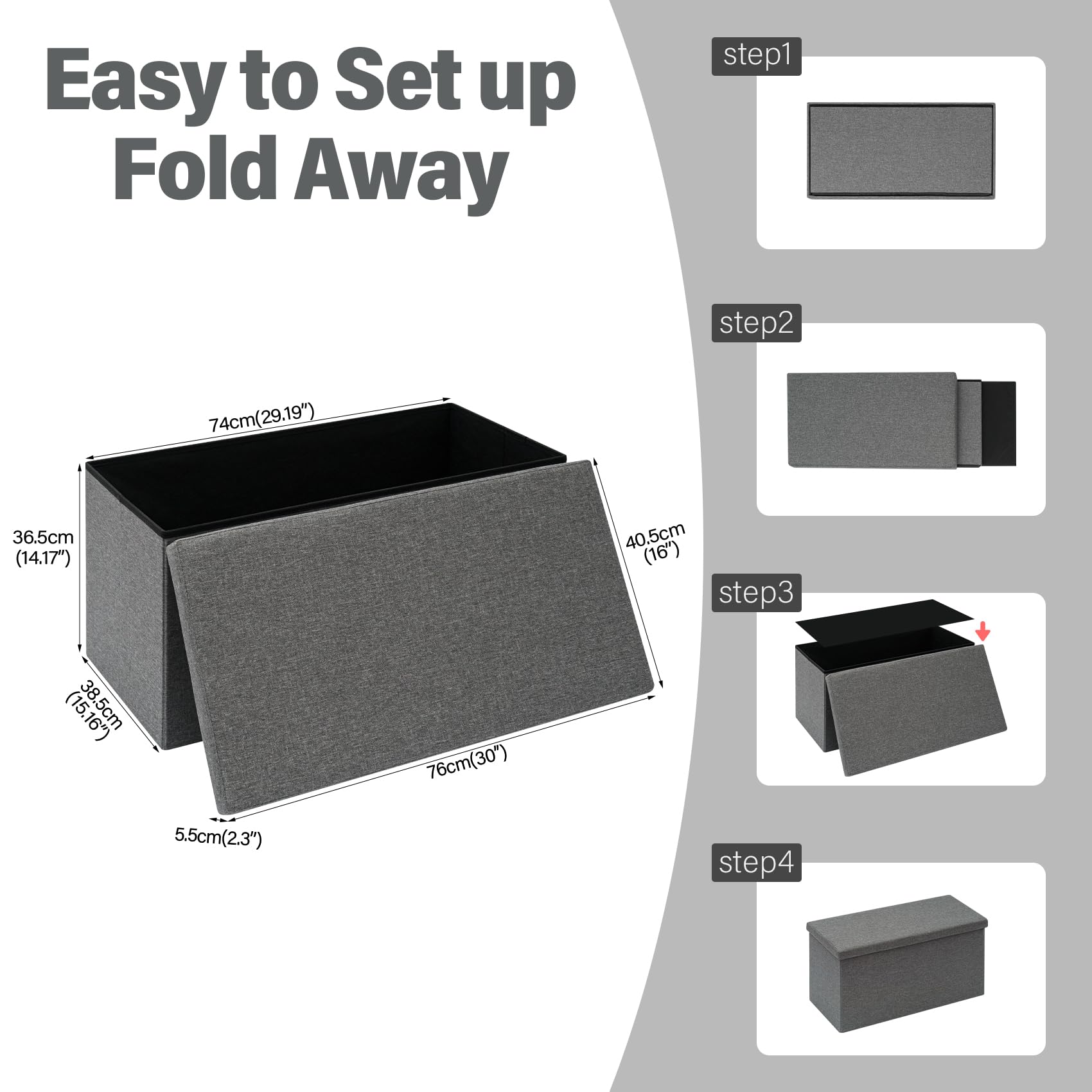 PINPLUS Folding Storage Ottoman Bench, Grey Storage Ottoman with Lid Tray, 30 inches Ottoman Coffee Table Cube Chair Foot Rest Stool Storage Toy Chest for Living Room Bedroom, Holds up to 550 lb