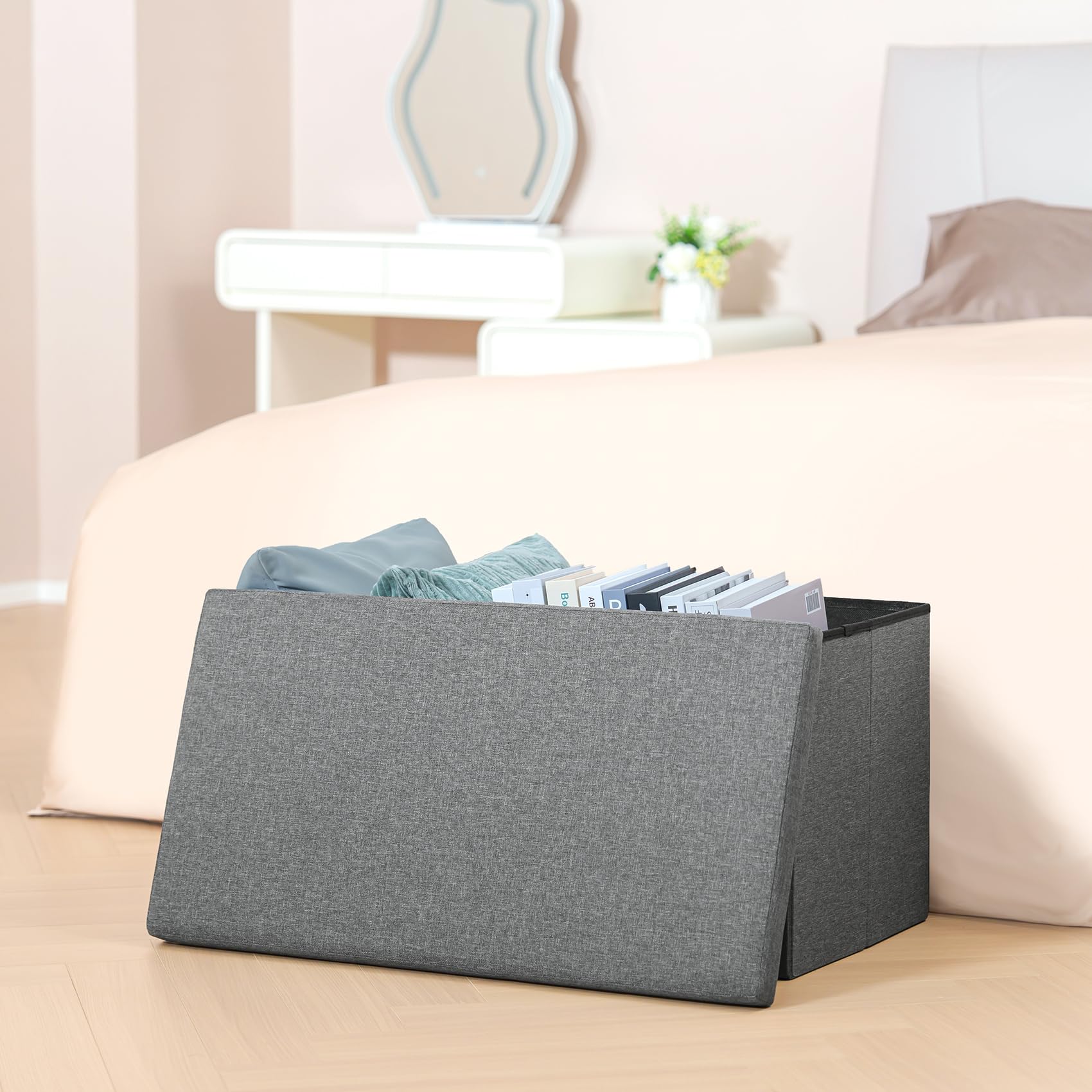PINPLUS Folding Storage Ottoman Bench, Grey Storage Ottoman with Lid Tray, 30 inches Ottoman Coffee Table Cube Chair Foot Rest Stool Storage Toy Chest for Living Room Bedroom, Holds up to 550 lb