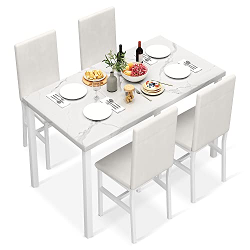 tantohom Faux Marble Dining Table Set, Compact Kitchen Table and Chairs for 4, 5 Pieces Dining Room Table Set with 4 Leather Upholstery Chairs for Small Space, Living Room, Breakfast Nook, All White