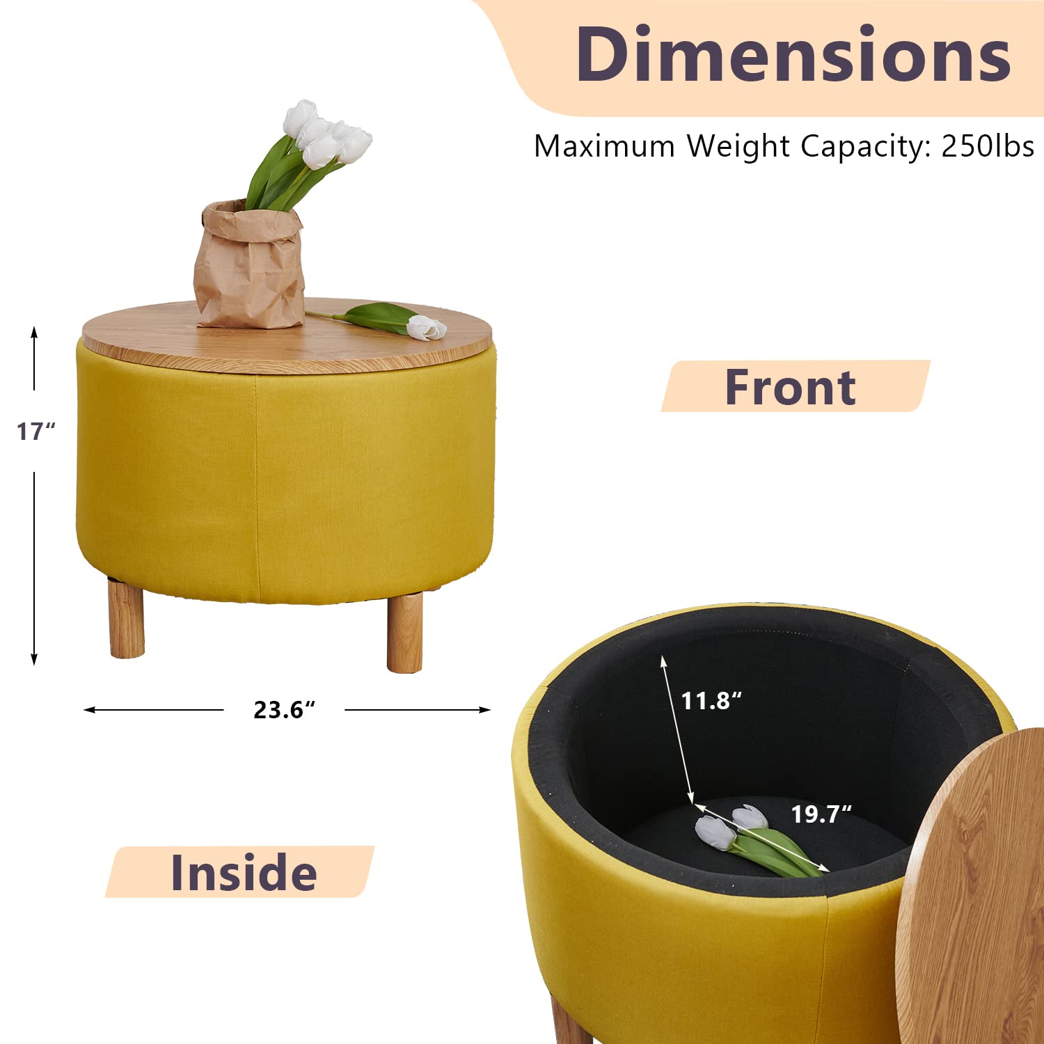 Simple&Opulence Modern Round Storage Coffee Table Ottoman for Living Room Bedroom, Accent Drum Side Table, Nightstand, Footstool, Sofa End Table with Wood Lid Tray and Solid Wood Legs (Yellow)