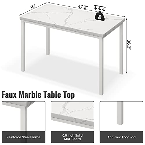 tantohom Faux Marble Dining Table Set, Compact Kitchen Table and Chairs for 4, 5 Pieces Dining Room Table Set with 4 Leather Upholstery Chairs for Small Space, Living Room, Breakfast Nook, All White