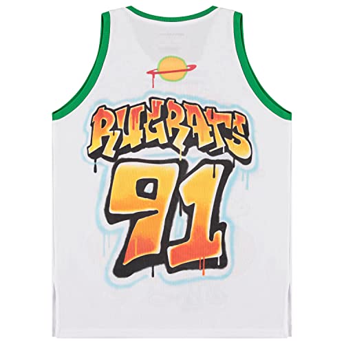 Nickelodeon Mens 90's Classic Tank - Rugrats Jersey - Reptar, Tommy, Chuckie & Phil Tanktop (White, Medium)