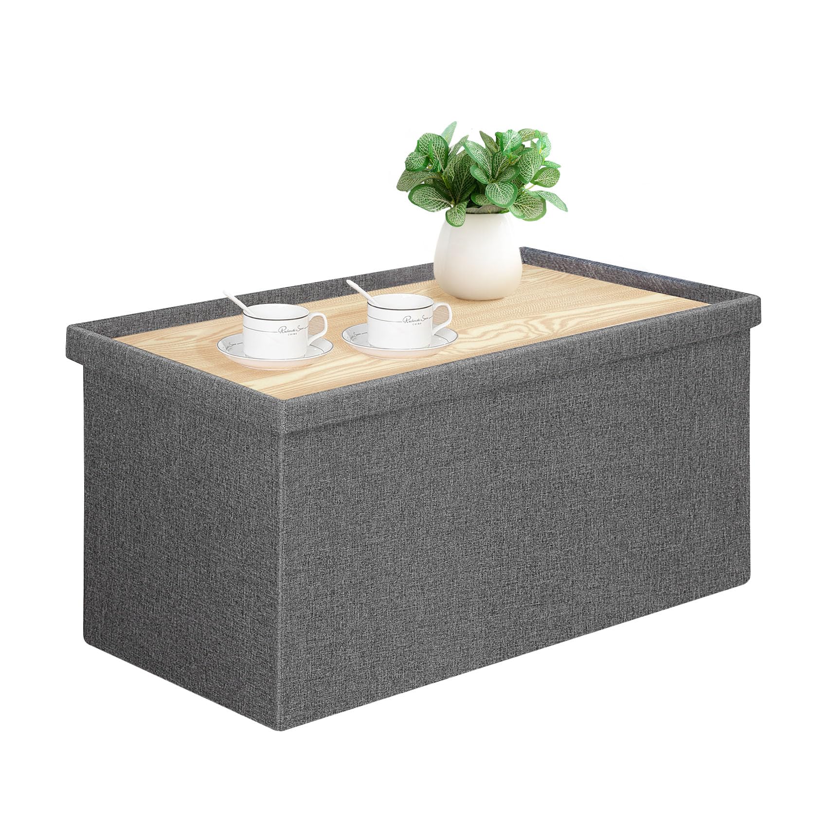 PINPLUS Folding Storage Ottoman Bench, Grey Storage Ottoman with Lid Tray, 30 inches Ottoman Coffee Table Cube Chair Foot Rest Stool Storage Toy Chest for Living Room Bedroom, Holds up to 550 lb