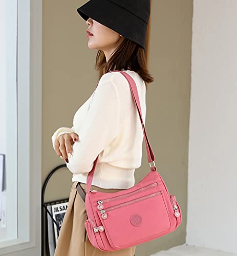 YaJaMa Multi Zipper Women Crossbody Bag Large Capacity Nylon Travel Shoulder Messenger Bag Handbag Satchel (Pink)